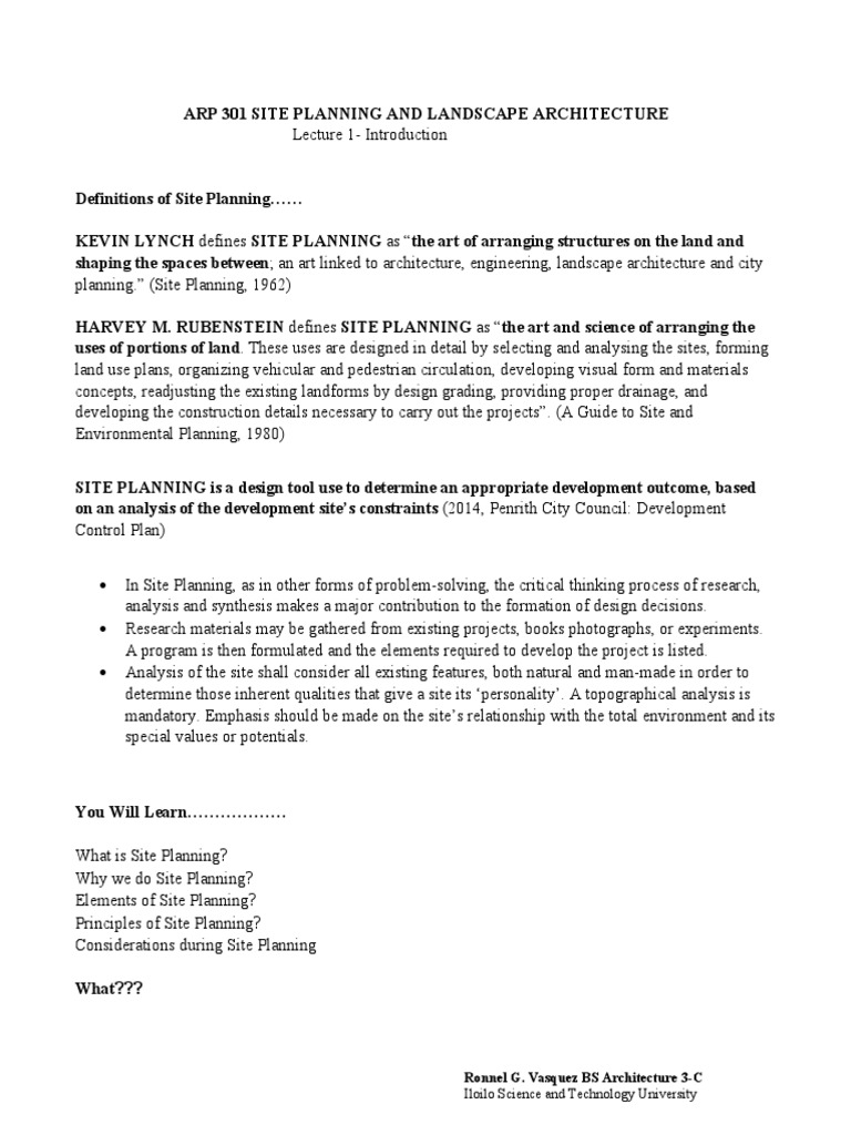 ARP 301 SITE PLANNING Notes | PDF | Landscape | Design