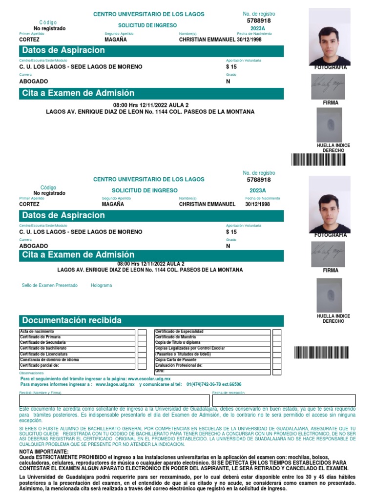 Solicitud de Ingreso Udg | PDF