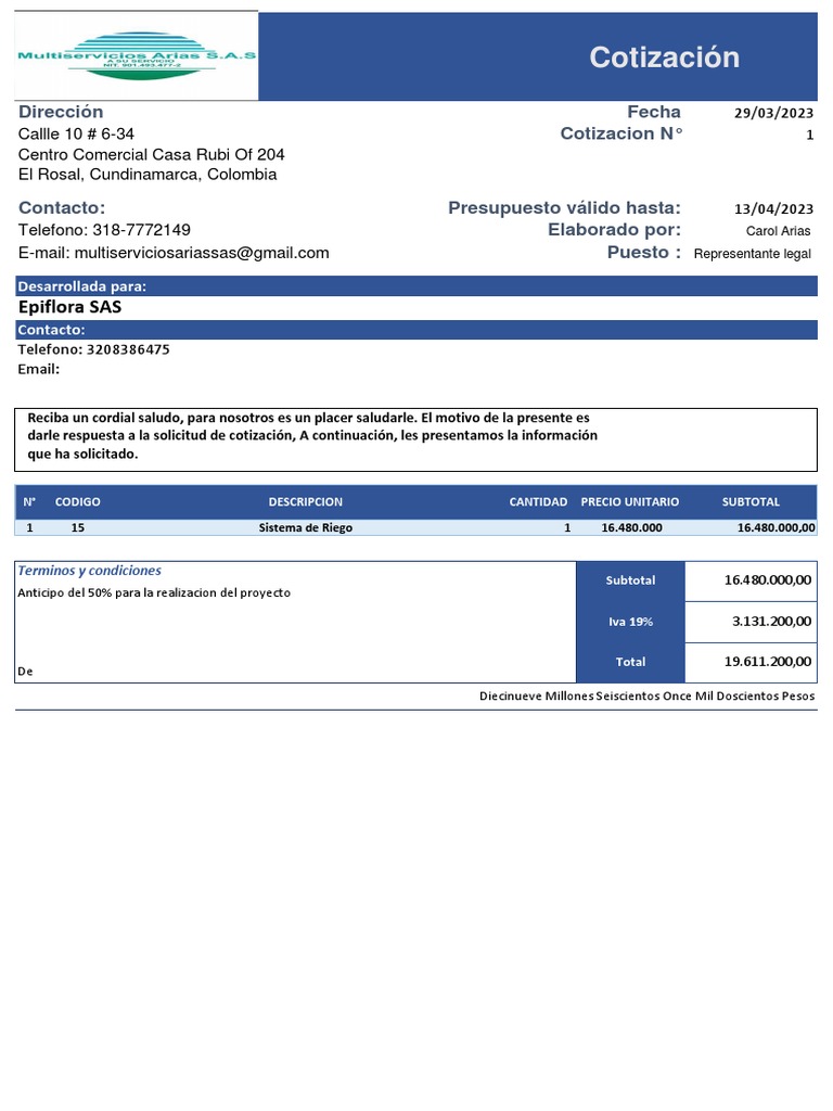 Cotizacion 01 Epiflora Sas Modiificada | PDF