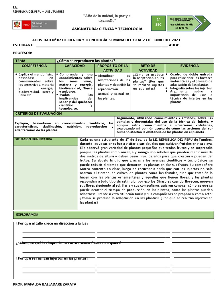 (PDF) 1° SEC. EDA 2 SEMANA 2 Explica CYT 2023 Cómo se reproducen las plantas | PDF | Flores | Fruta