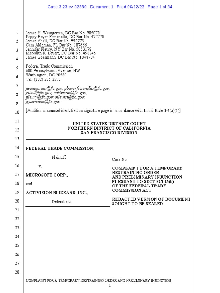 Request For Injunction, Federal Trade Commission vs. Microsoft and ...