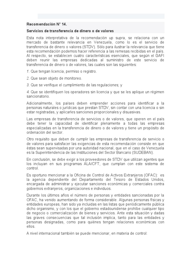 Análisis Nota Interpretativa de La Recomendación #14 Gafi Definitiva | PDF | Finanzas y ...