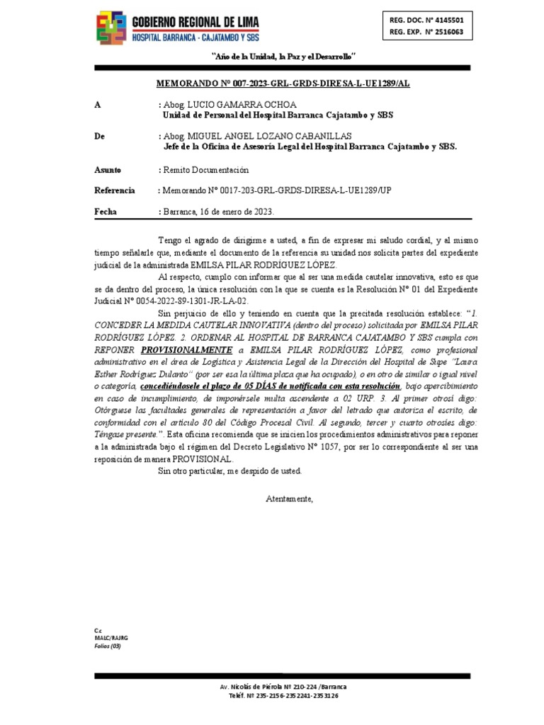 Memorando #007-UP - Derivo Documentación (EMILSA PILAR RODRÍGUEZ LÓPEZ ...