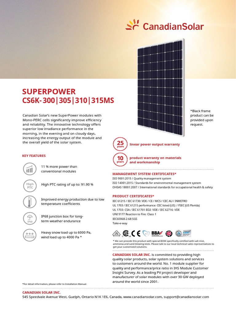 Canadian Solar CS6K-300 Series Datasheet | PDF | Solar Panel ...