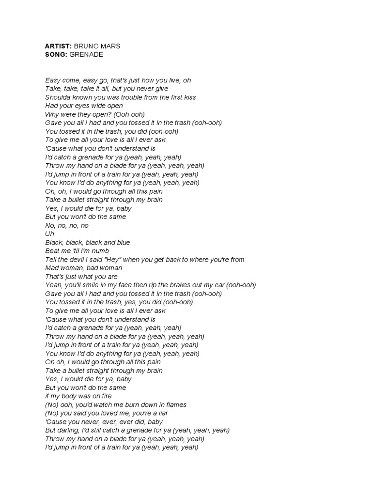 Bruno Mars - Grenade (Lyrics) | PDF | Linguistics | Linguistic Morphology