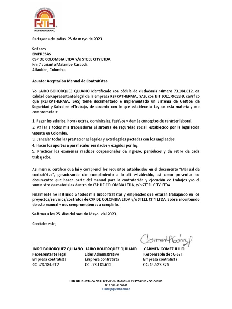 Carta de Aceptacion Manual de Contratista | PDF