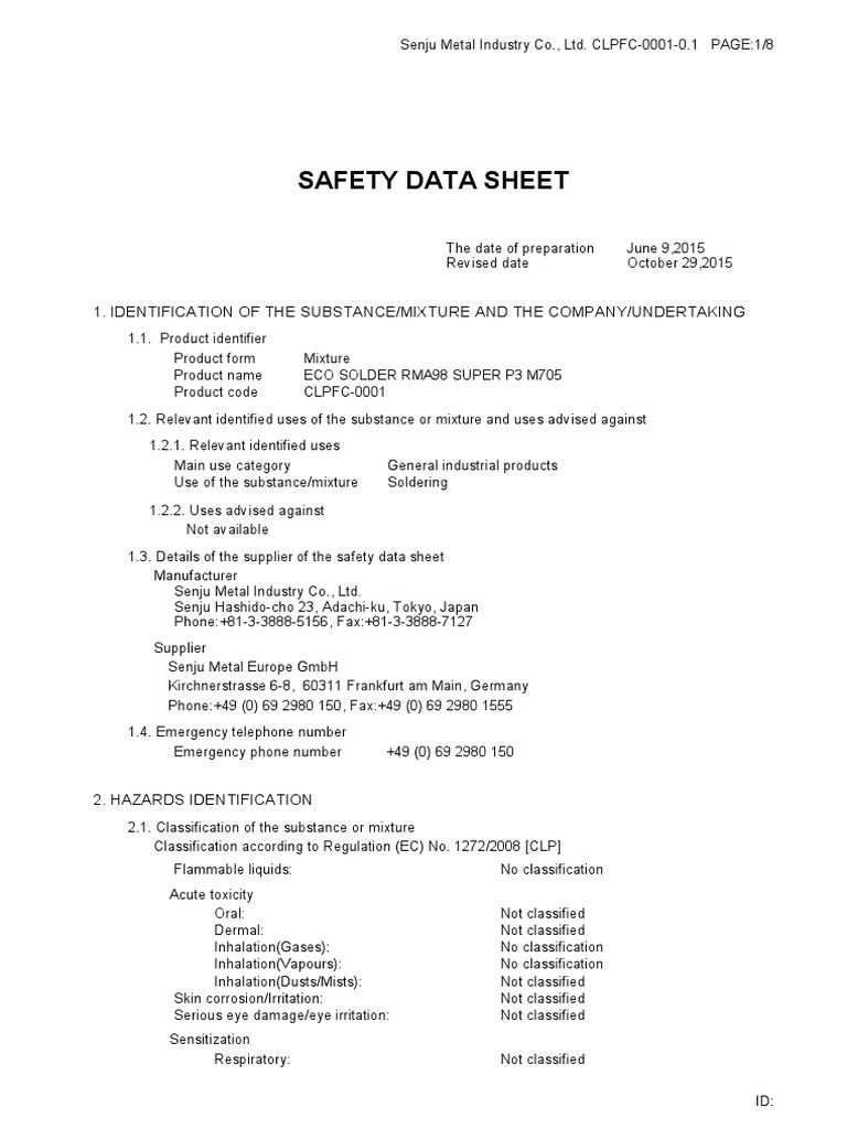 ECO SOLDER RMA98 SUPER P3 M705 Safety Data | PDF | Firefighting | Toxicity