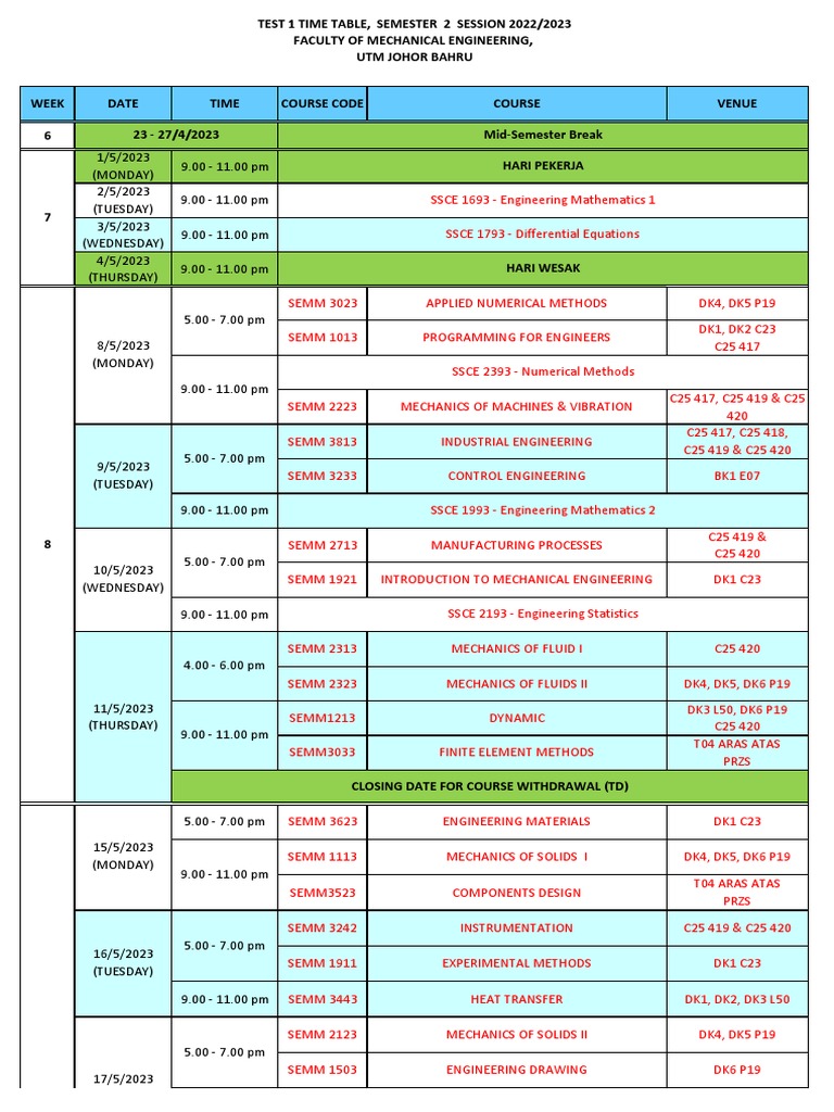 UTM Mechanical Engineering Course Schedule | PDF | Engineering ...