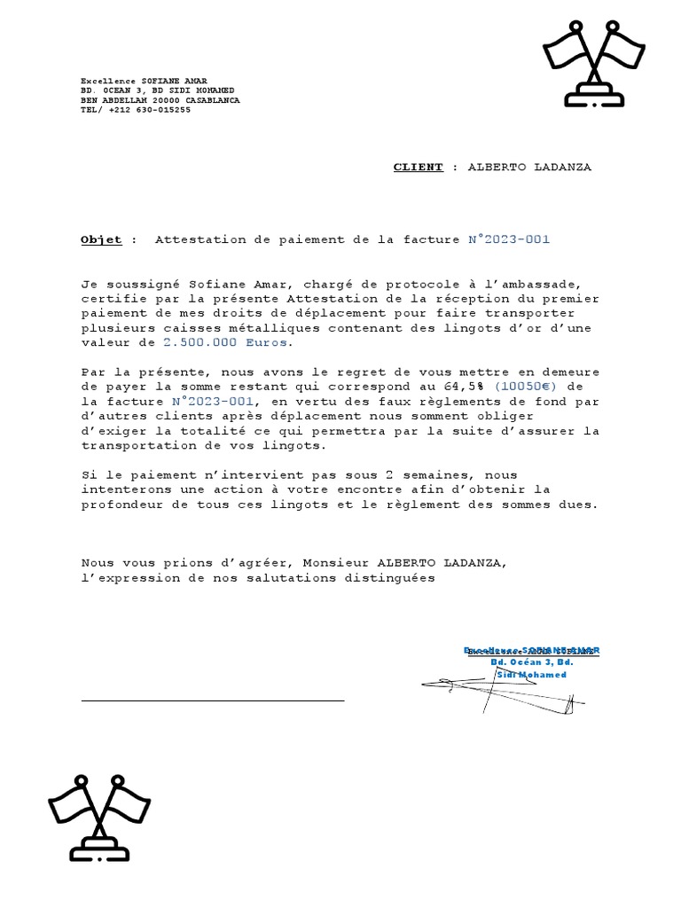 Attestation de paiement facture N°2023-001 | PDF
