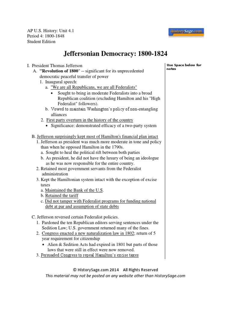 Jeffersonian Democracy Notes | PDF | Federalist Party | Thomas Jefferson