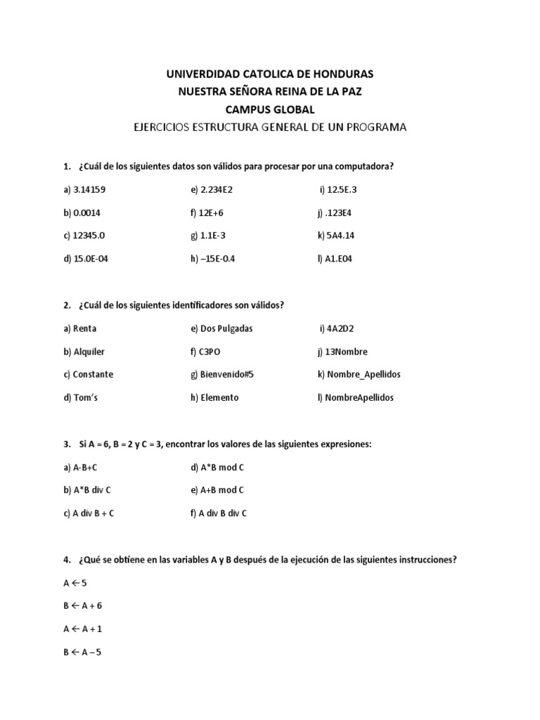 Ejercicios Estructura General de Un Programa | PDF