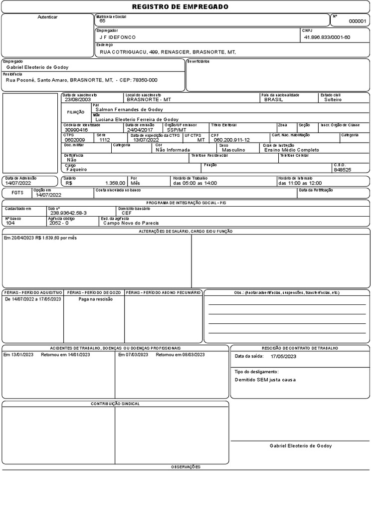 Ficha de Registro Gabriel | PDF