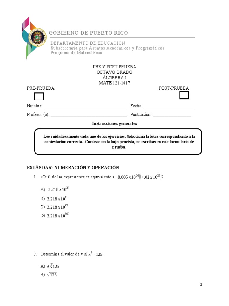 8vo Pre Prueba Octavo Grado 2022 Algebra | PDF