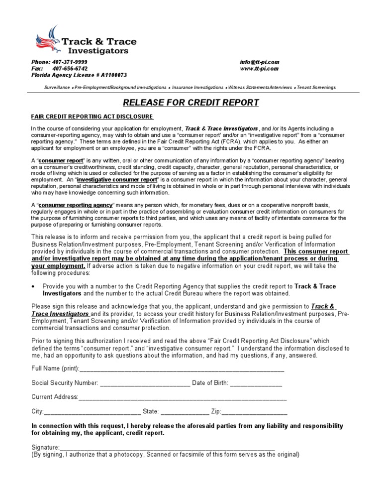 FCRA Release For Credit Report 16SEP2011 | PDF | Credit History ...