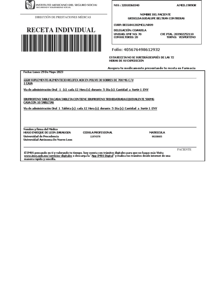 Receta Relifex AOX e Ibuprofeno IMSS | PDF