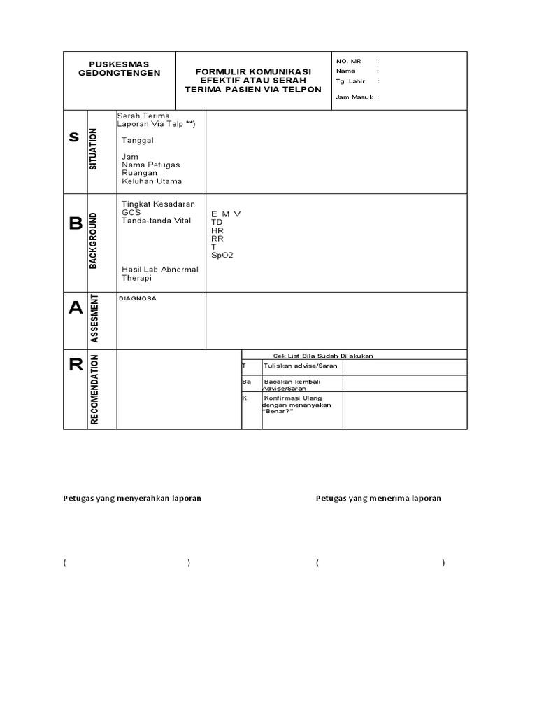 Form SBAR Via Telepon | PDF