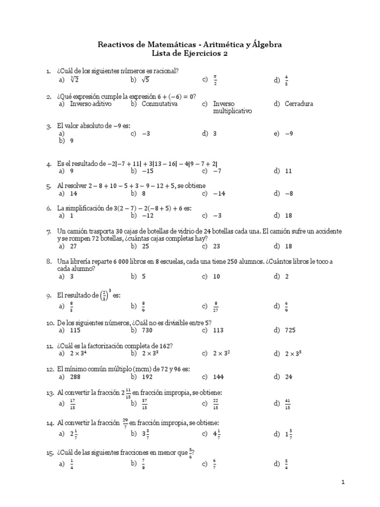 Reactivos de Matemáticas - Aritmética y Algebra - Lista de Ejercicios 2 | PDF