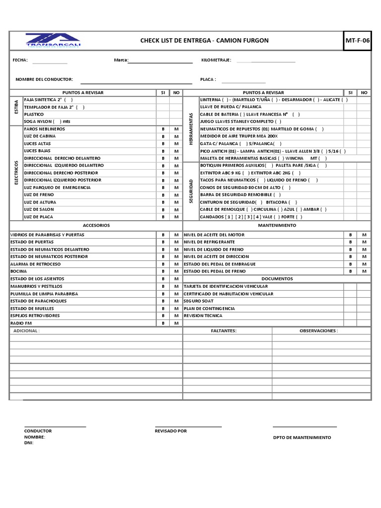 MT-F-06 Check List Entrega Camion Furgon | PDF | Vehículos | Transporte