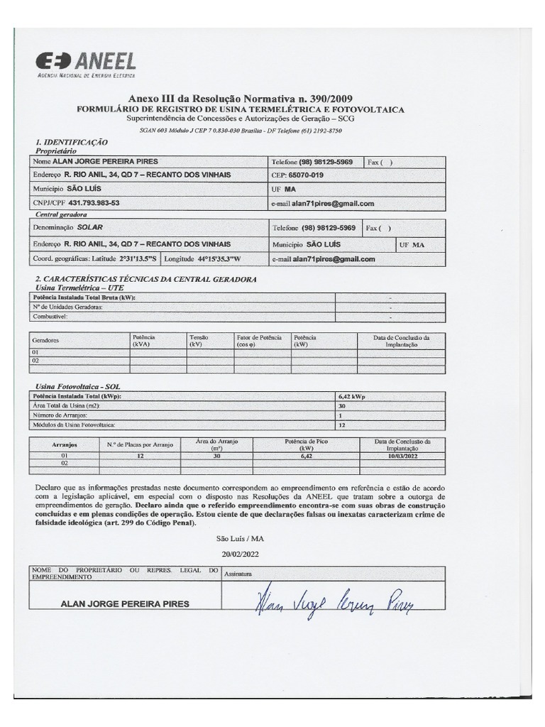 Formulário De Registro Aneel Pdf