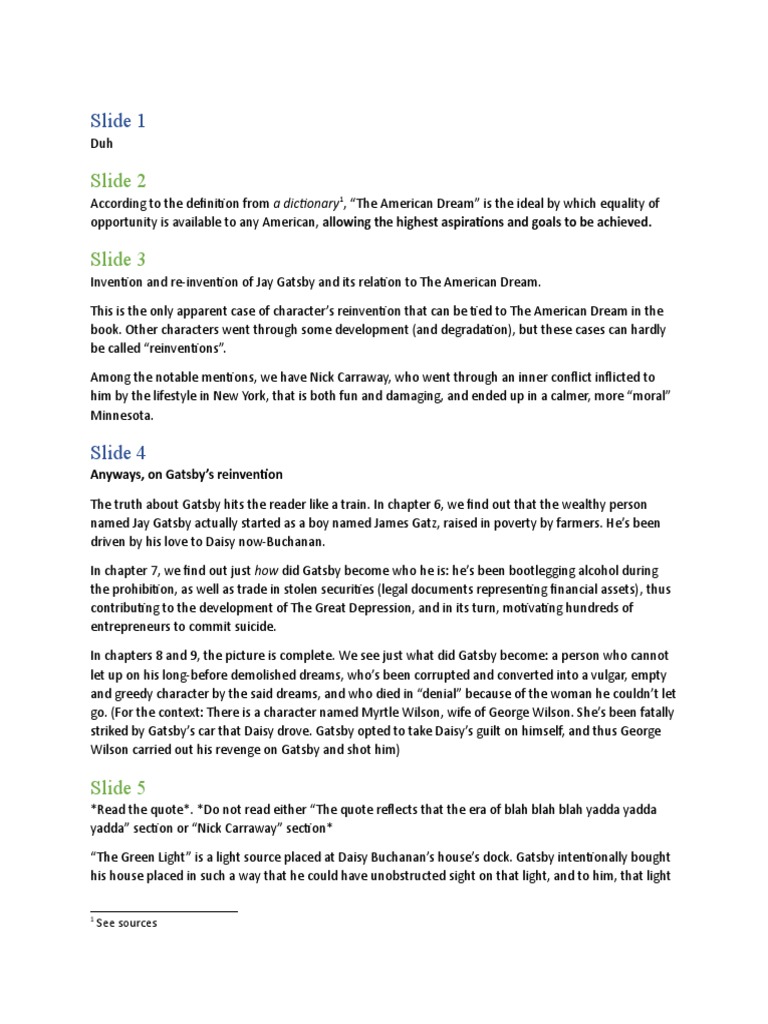 Notes To The Great Gatsby's Characters' Reinventions | PDF