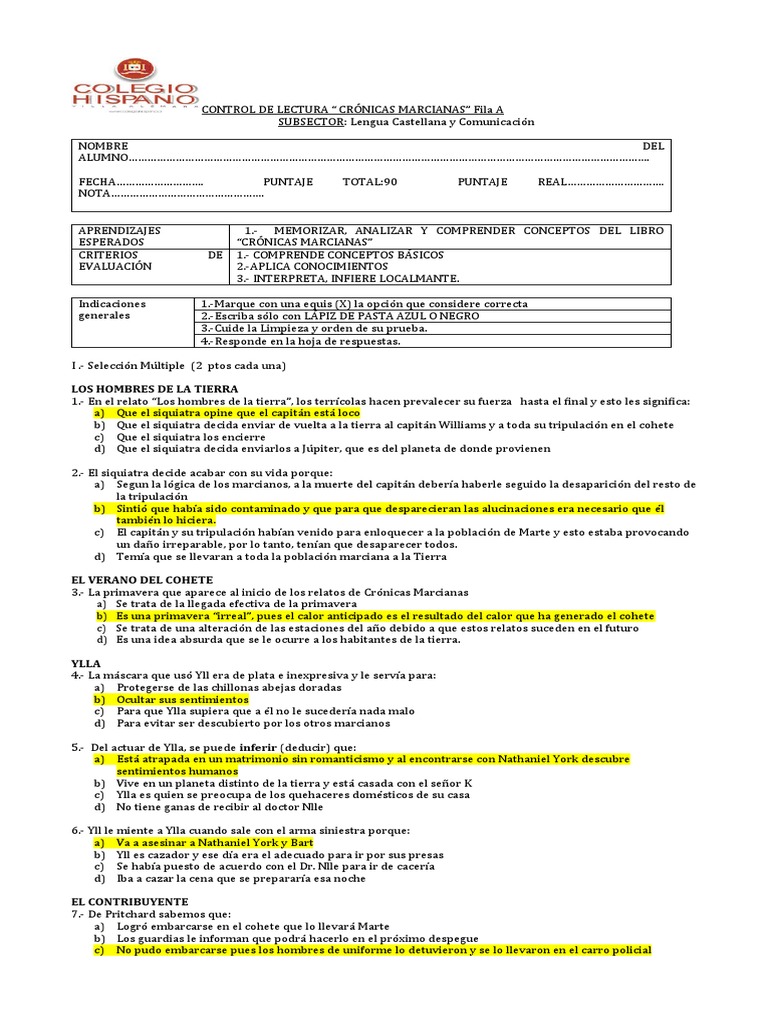 Prueba de Comprensión: Crónicas Marcianas | PDF