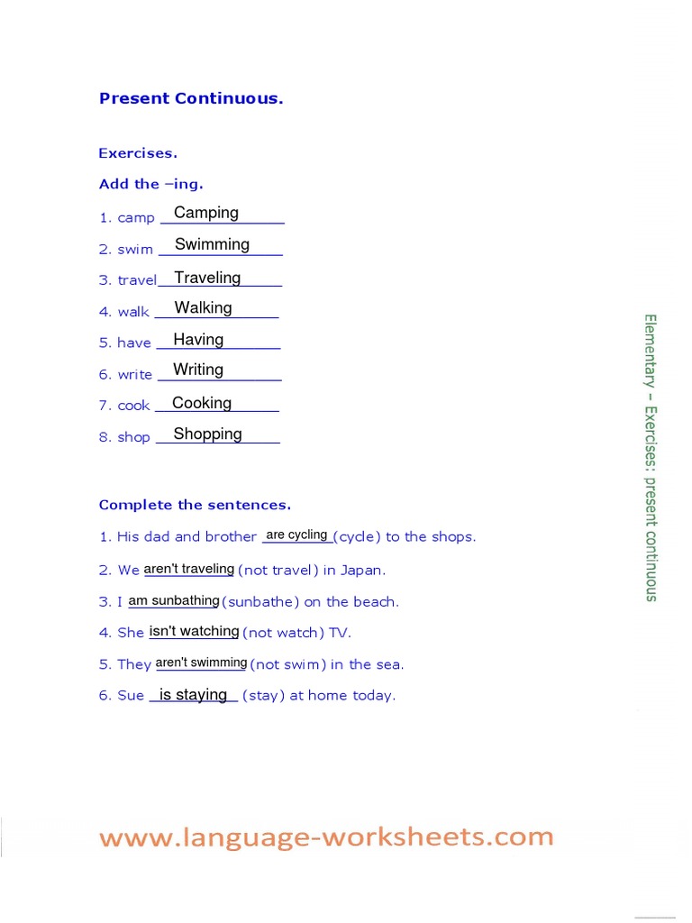 Elementary Present Continuous - Exercises | PDF