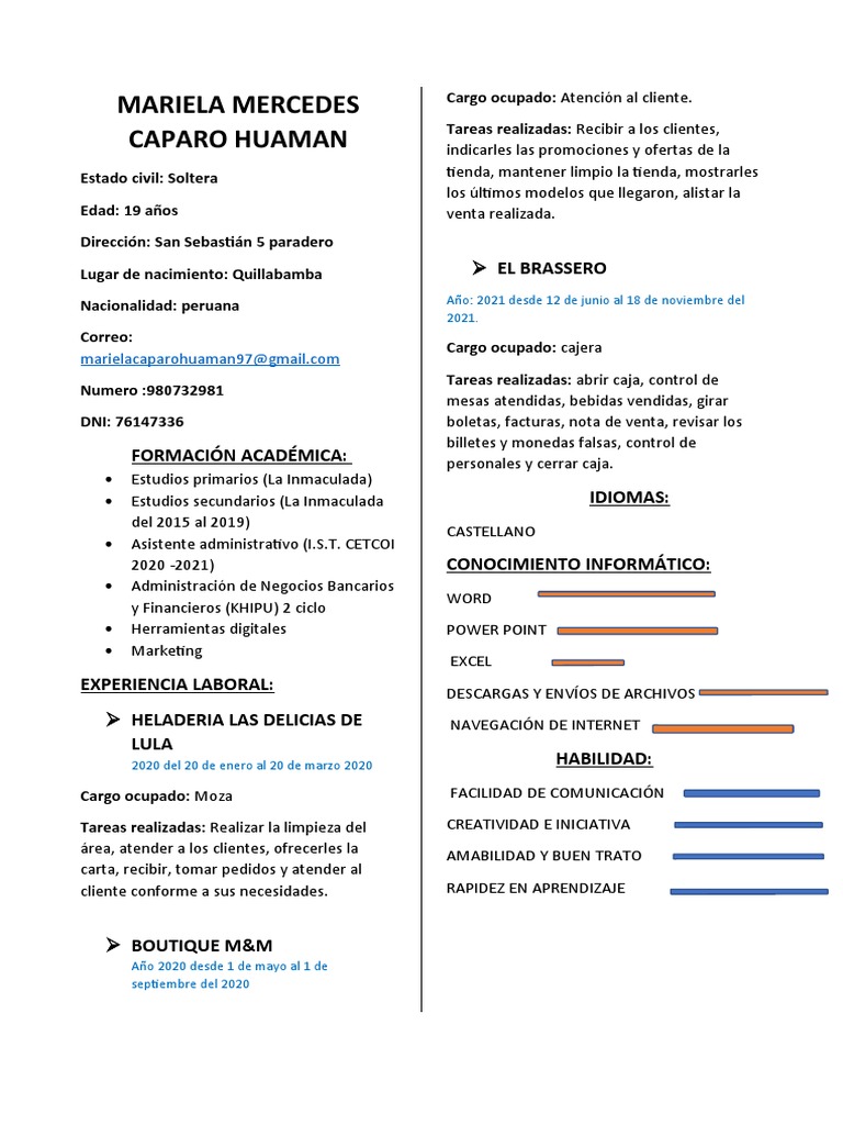 Perfil Profesional de Mariela Caparo Huamán | PDF