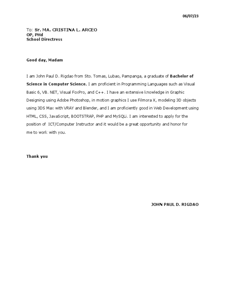 Application Letter (JPR) | PDF