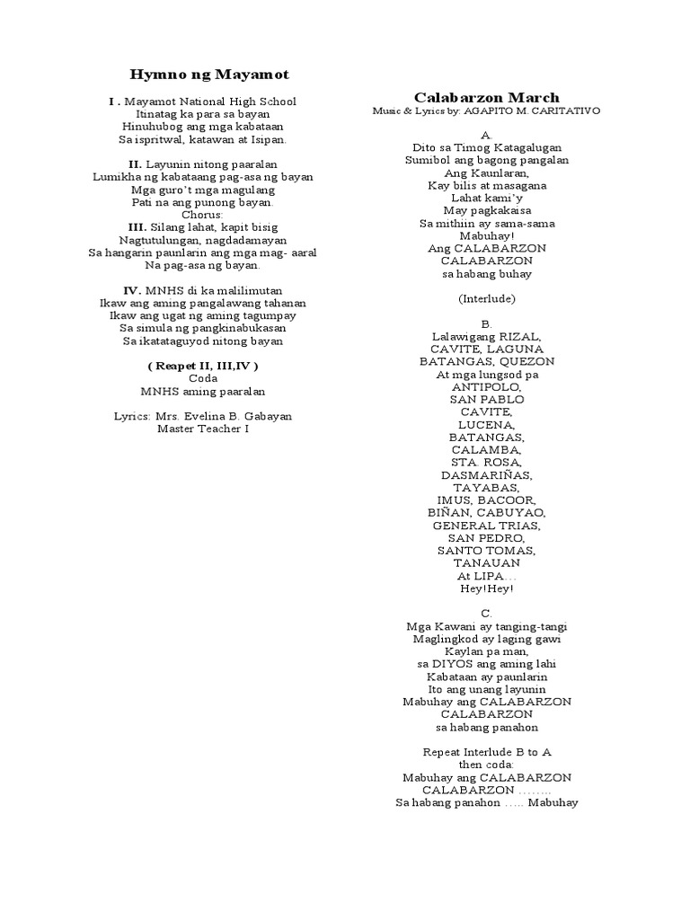 Calabarzon Mabuhay Rizal Antipolo Hymn Hymno Ng Mayamot | PDF