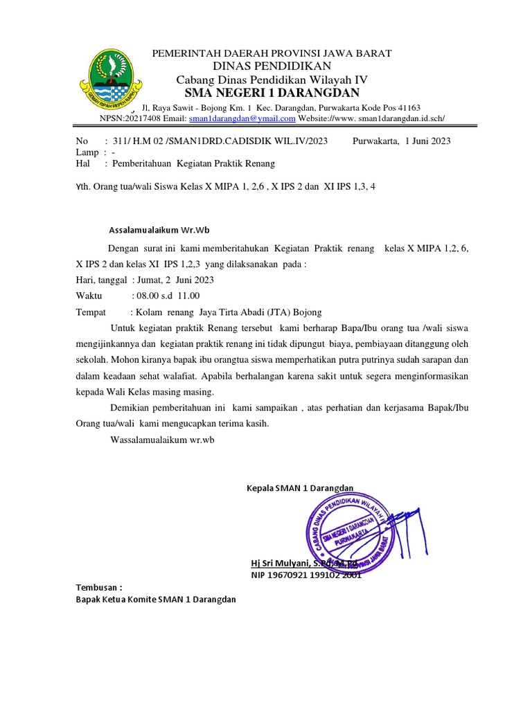 Surat Pemberitahuan - Kegiatan Praktik Renang - Smansada | PDF