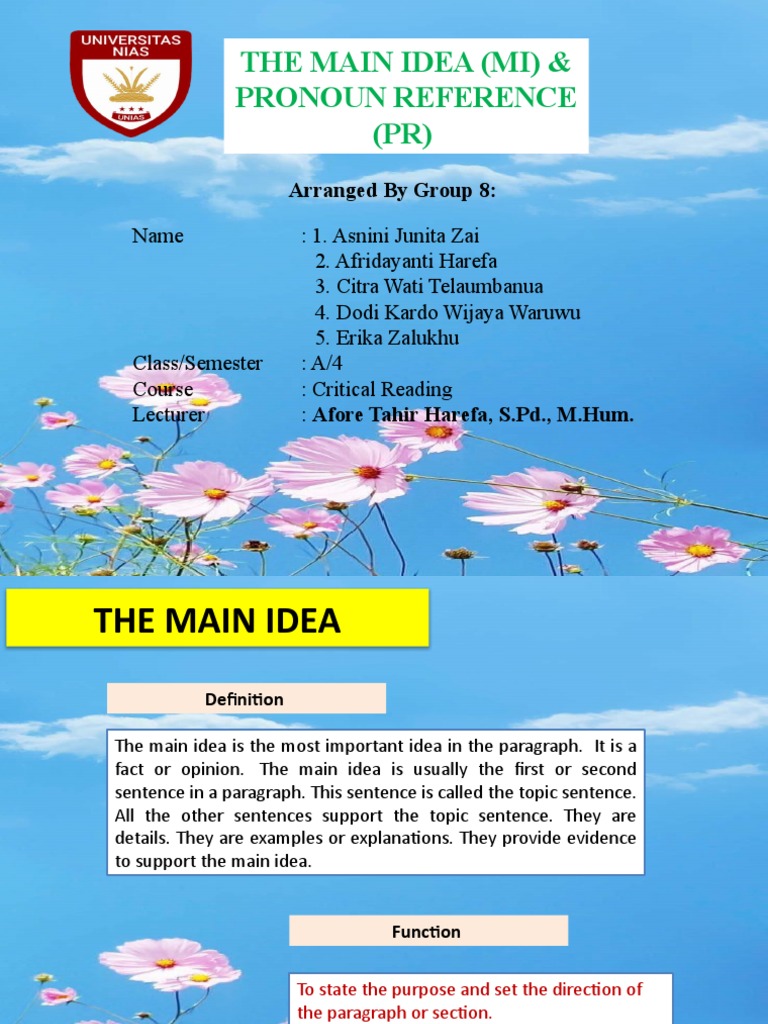TR 4 Group 8 The Main Idea and Pronoun Reference | PDF | Pronoun | Noun