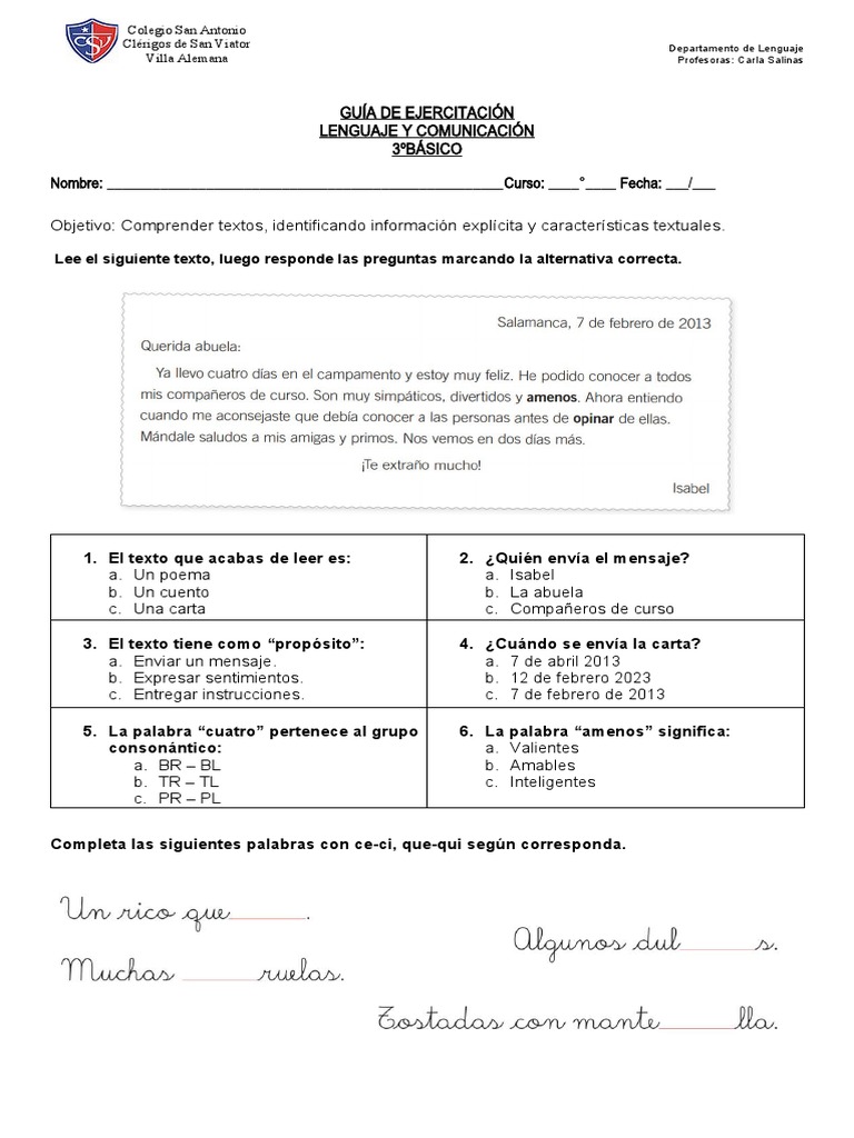 Lenguaje 3°guía de Ejercitación Unidad 0 | PDF