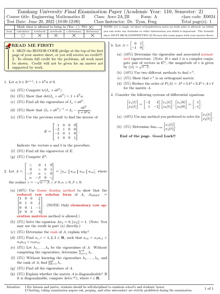 Final Exam | PDF | Eigenvalues And Eigenvectors | Operator Theory