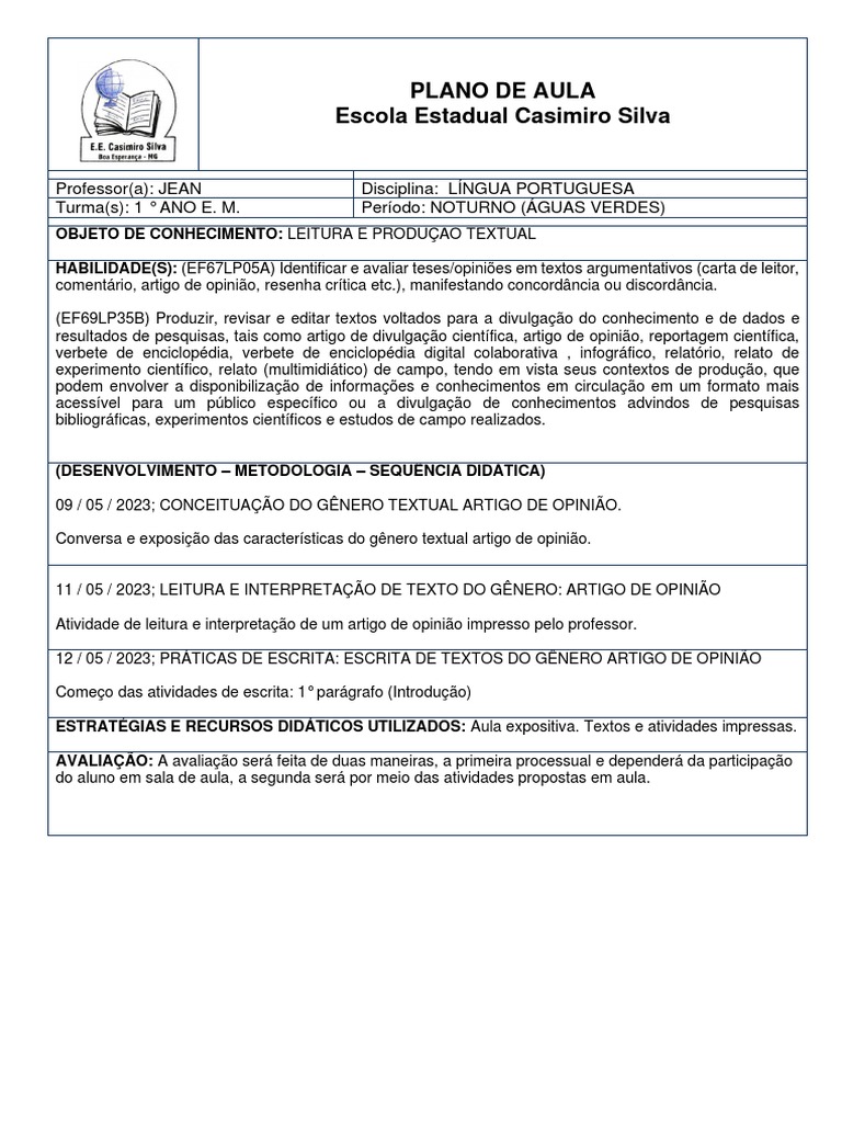 Plano de Aula 1 Ano SEMANA ATUAL | PDF