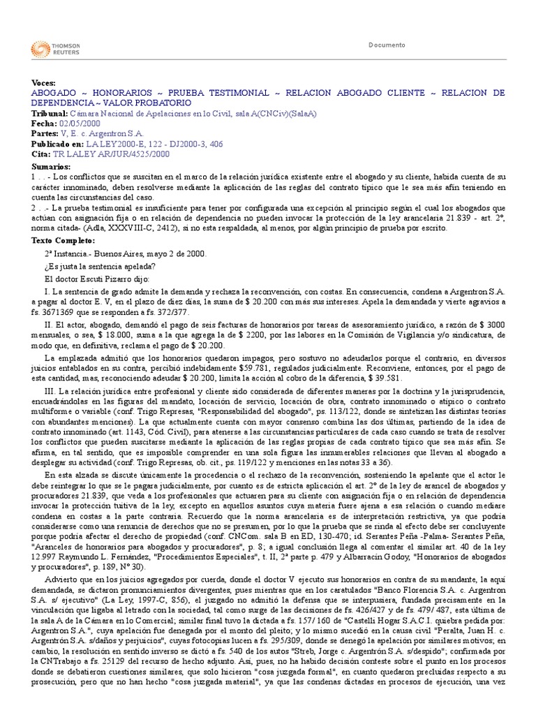 CNCiv, Sala A, 2-5-2000. Relación Entre Abogado y Cliente | PDF ...