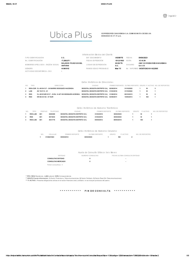 Informe Ubica Plus TransUnion | PDF