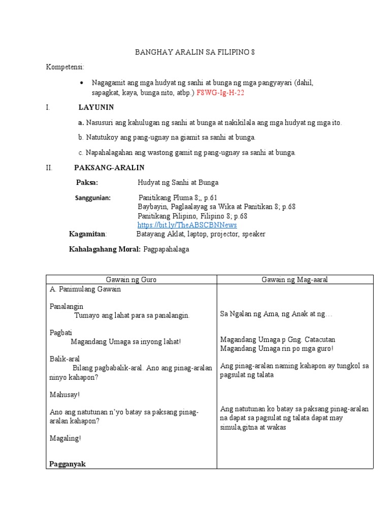 Banghay Aralin Sa Filipino 8 | PDF