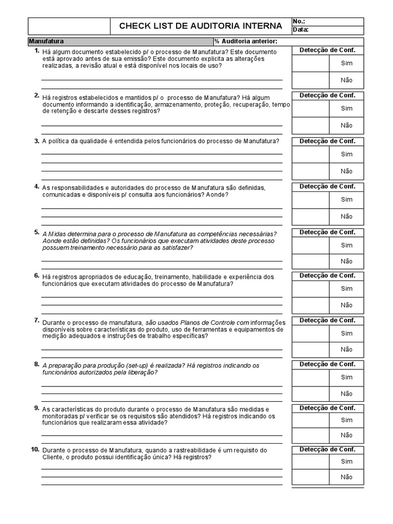 Check-List Auditoria Interna - Manufatura | PDF | Qualidade (negócios) Check-List Auditoria Interna - Manufatura | PDF | Qualidade (negócios)