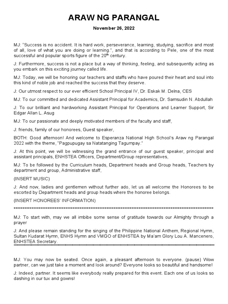 Araw NG Parangal Script | PDF