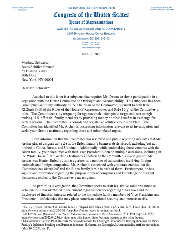 Letter From James Comer | PDF