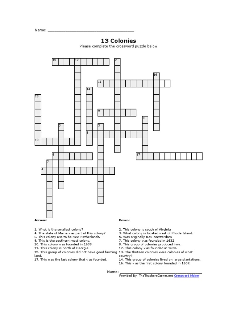 13 Colonies Crossword Puzzle Guide | PDF | Social Science | Travel
