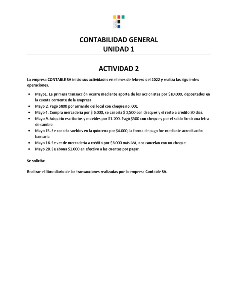 Actividad 2 Unidad 1 - Transacciones Contables Empresa CONTABLE SA | PDF