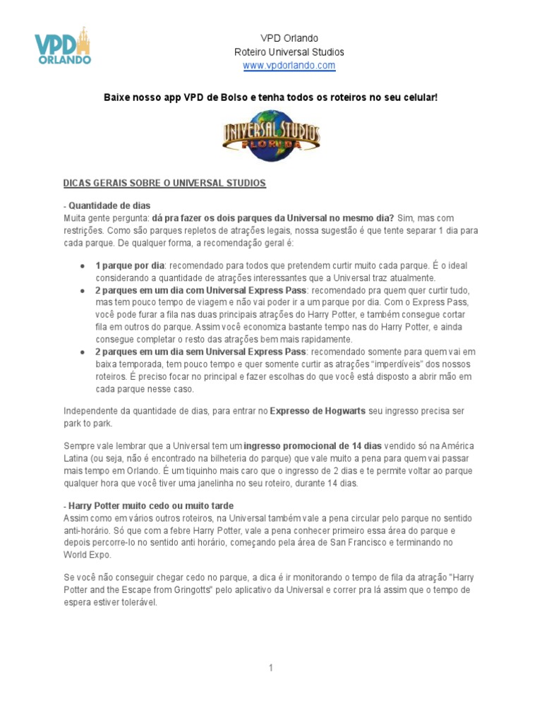 Dicas e Roteiro para Universal Studios | PDF