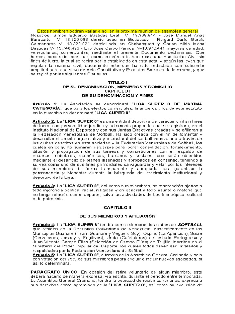Documento Constitución de LIGA SUPER 8 | PDF | Venezuela | Junta Directiva