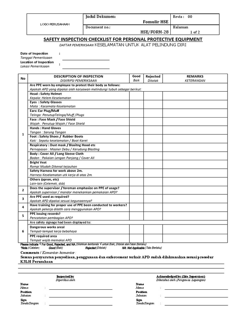 Inspeksi APD (Checklist Pemeriksaan APD) | PDF