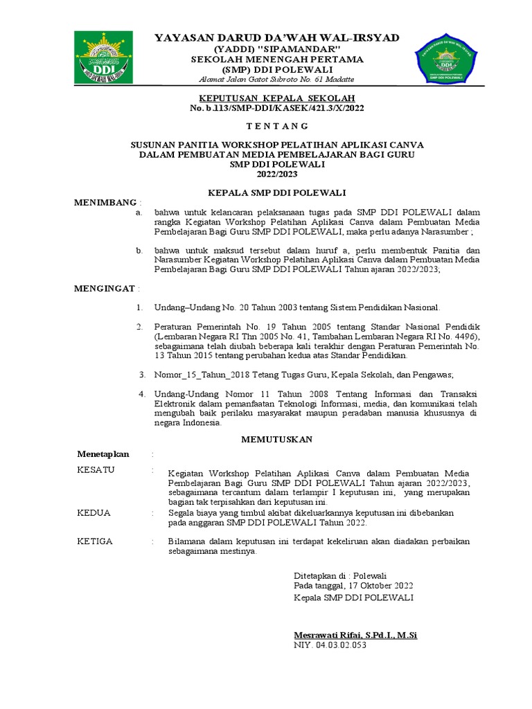 SK Panitia Workshop Pelatihan Aplikasi Canva | PDF