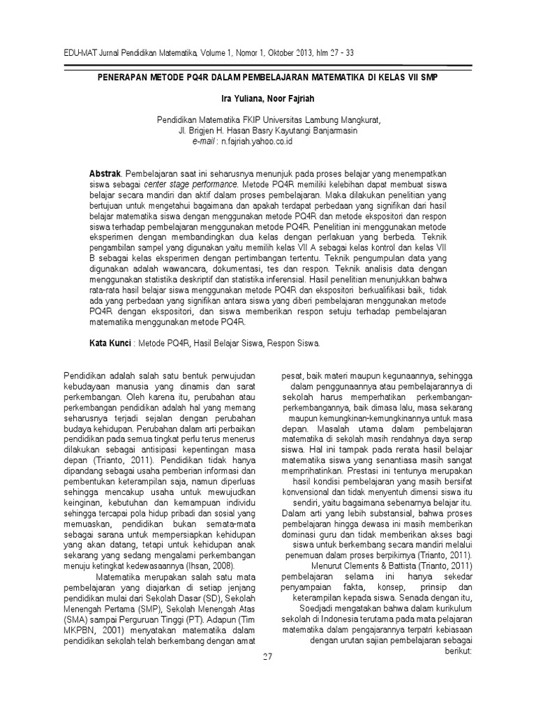 Penerapan Metode Pq4r Dalam Pembelajaran Matematika Di Kelas Vii SMP | PDF
