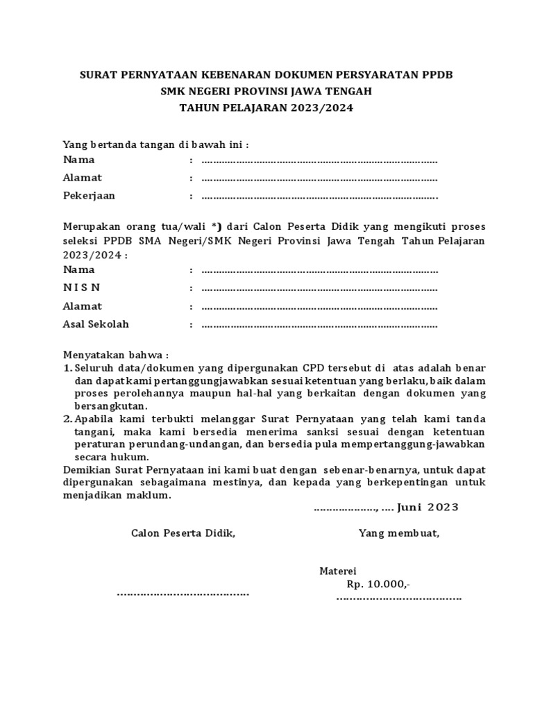 Surat Pernyataan Kebenaran Dokumen Persyaratan PPDB | PDF | Karier & Perkembangan