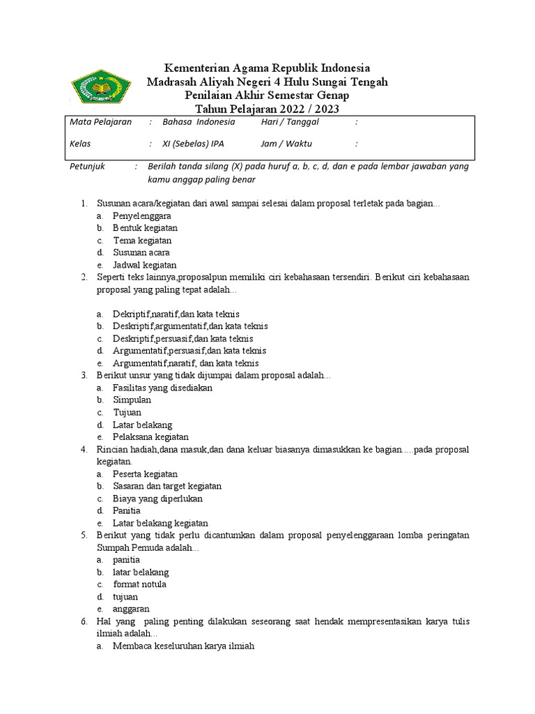 Soal Bahasa Indnesia Kelas Xi Ipa Tahun 2023 Pdf