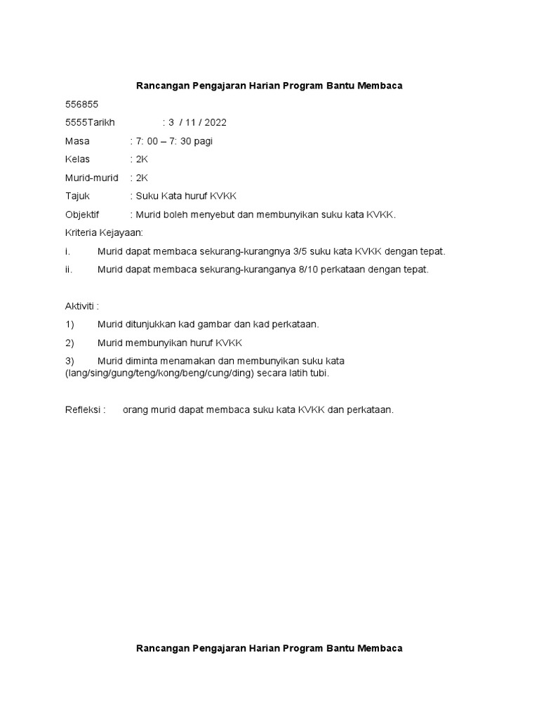 Rancangan Pengajaran Harian Program Bantu Membaca | PDF